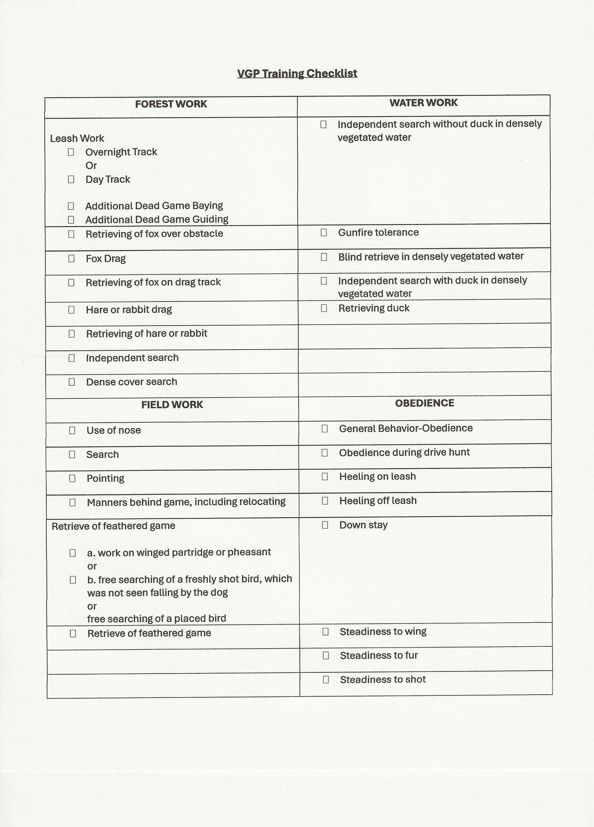 VGP- Versatile Hunting Dog Utility Test Training Checklist – DRAHT COMPANY